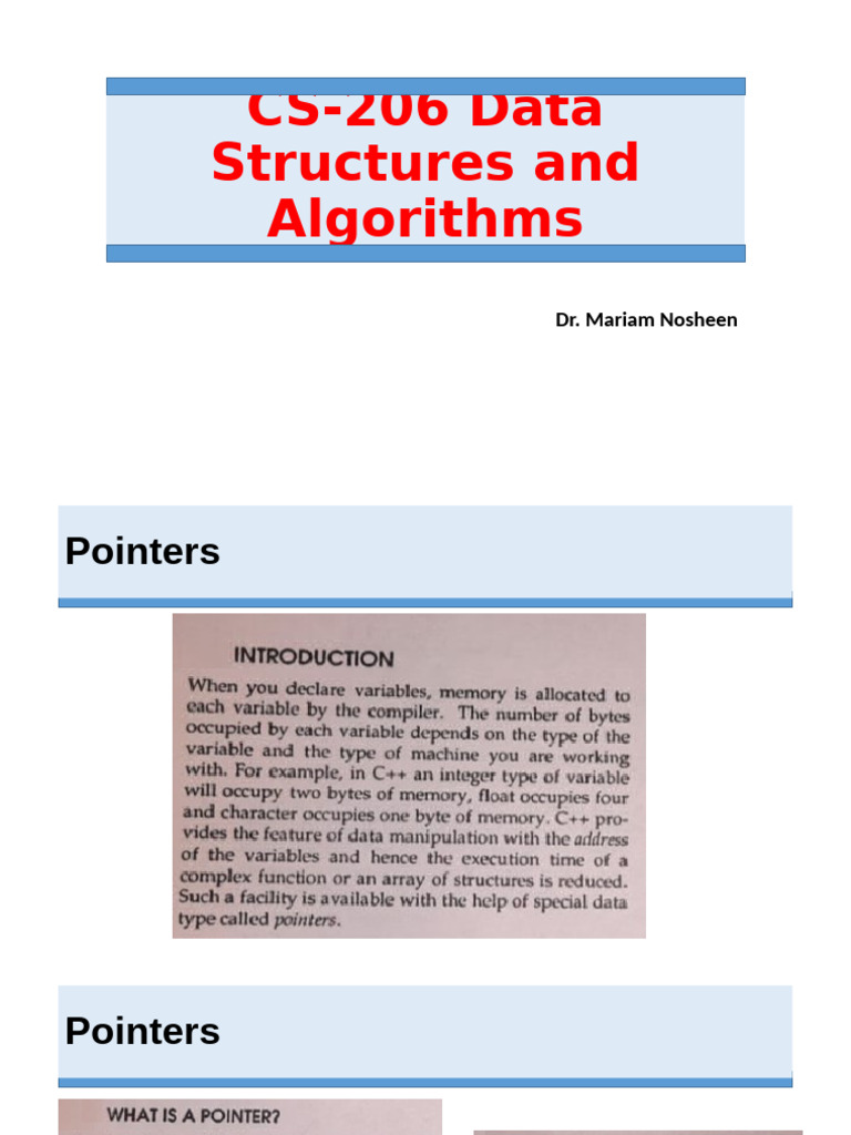 Cs 206 Data Structures And Algorithms Lecture Pointers Pdf