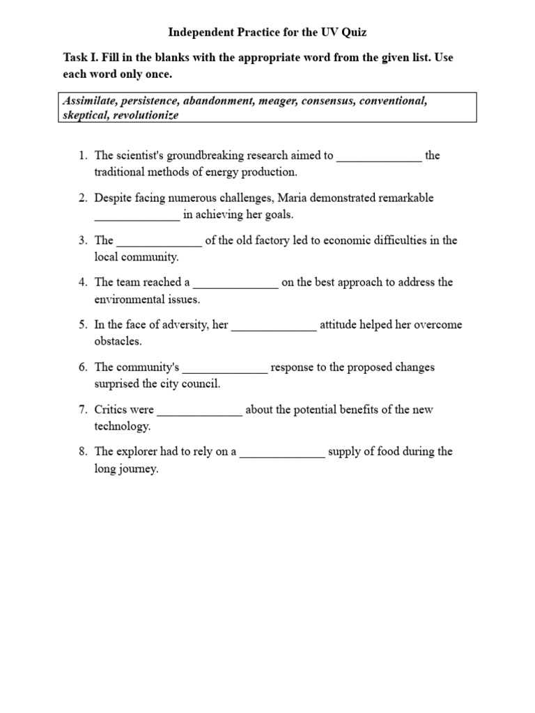 Vocabulary Practice for UV Quiz | PDF