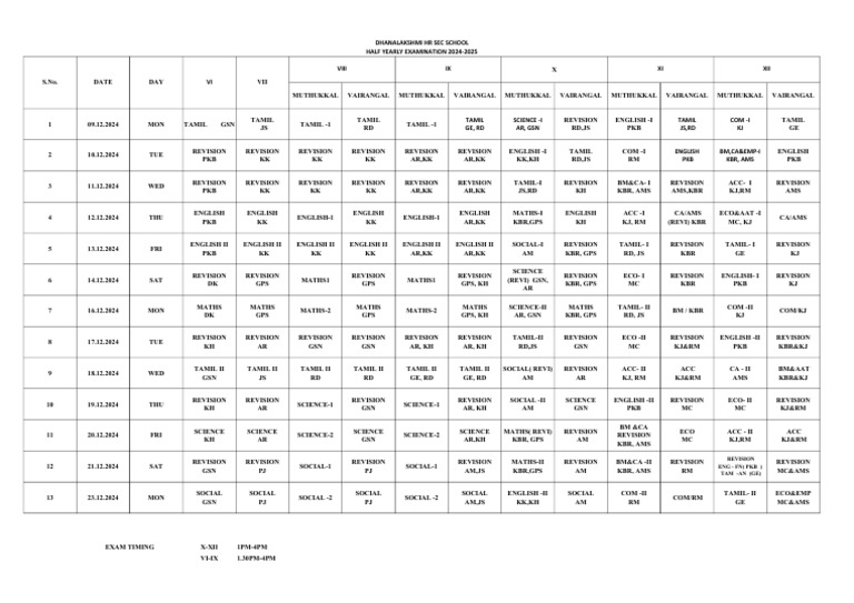 Halfyearly Timetable A3 | PDF