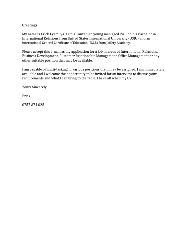 Erick Lyamuya Cover Letter | PDF