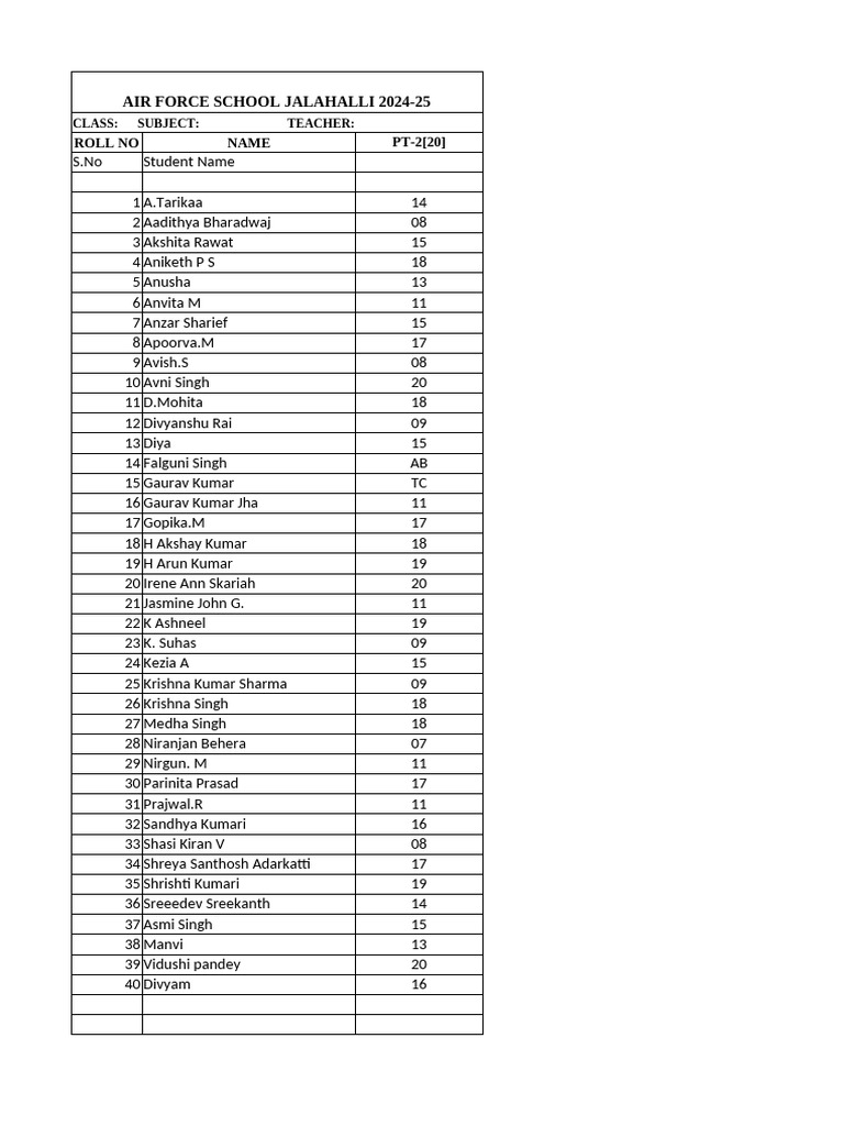 PT2 - Subject Marklist | PDF
