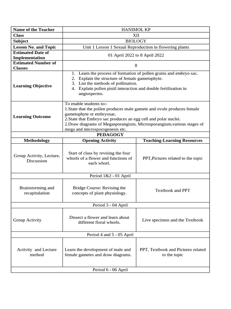 Class 12 Biology Lesson Plans Overview | PDF | Flowers | Genetic Linkage