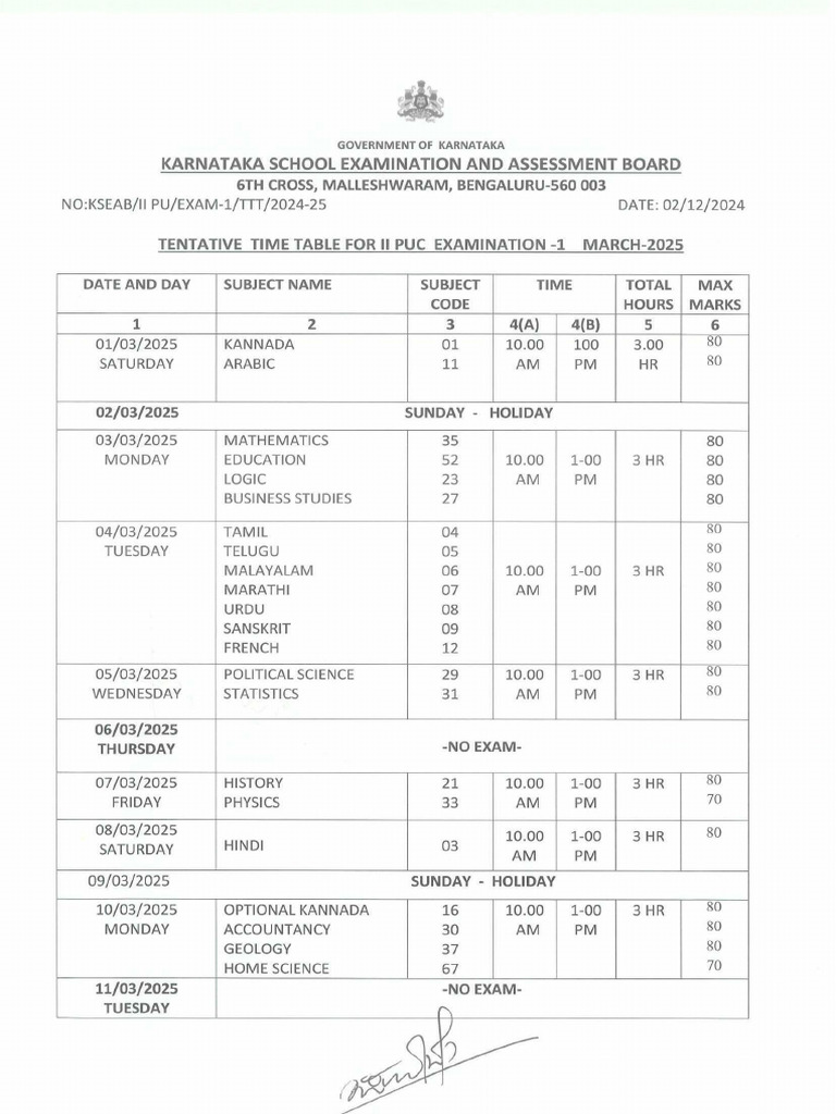 Tentative Time Table - II Puc Final Examination - 2024 | PDF