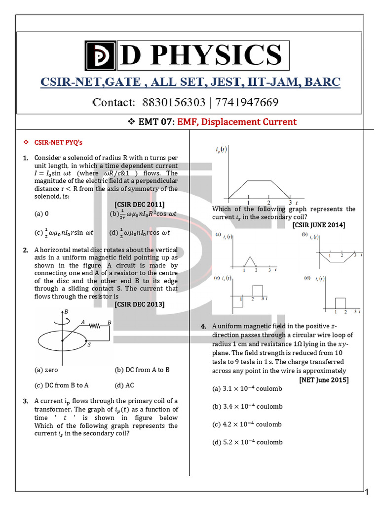 CSIR-NET & GATE Physics PYQs on Electromagnetism | PDF | Magnetic Field ...