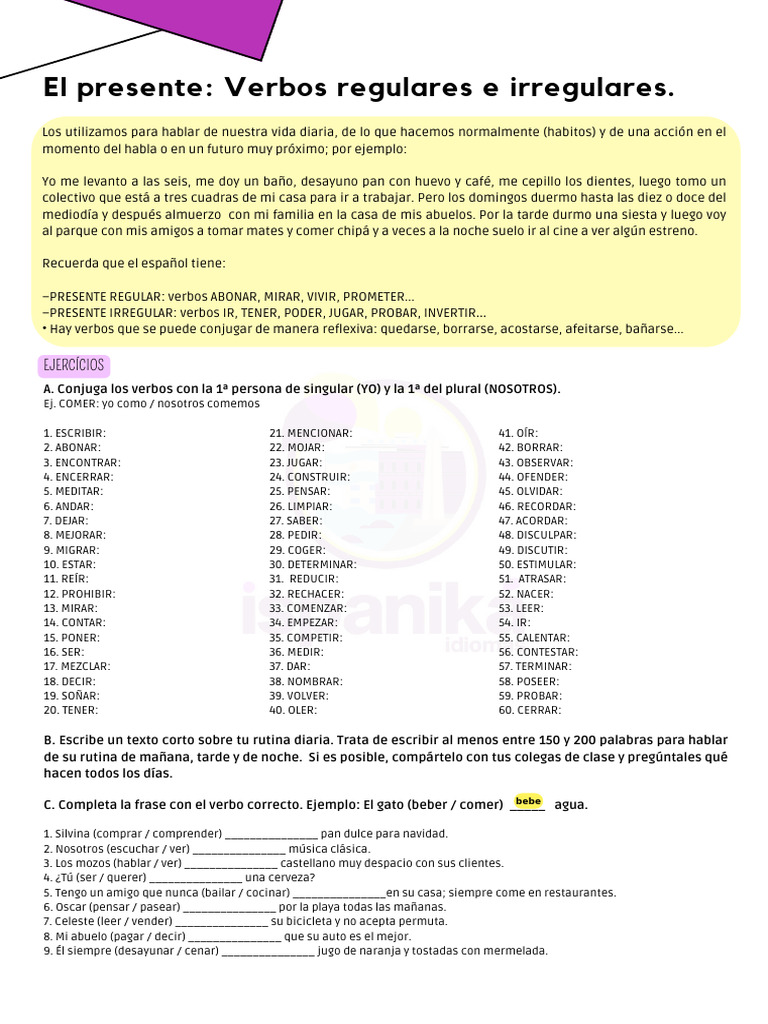 PRESENTE REGULAR E IRREGULAR - Curso de Espanhol | PDF | Verbo ...