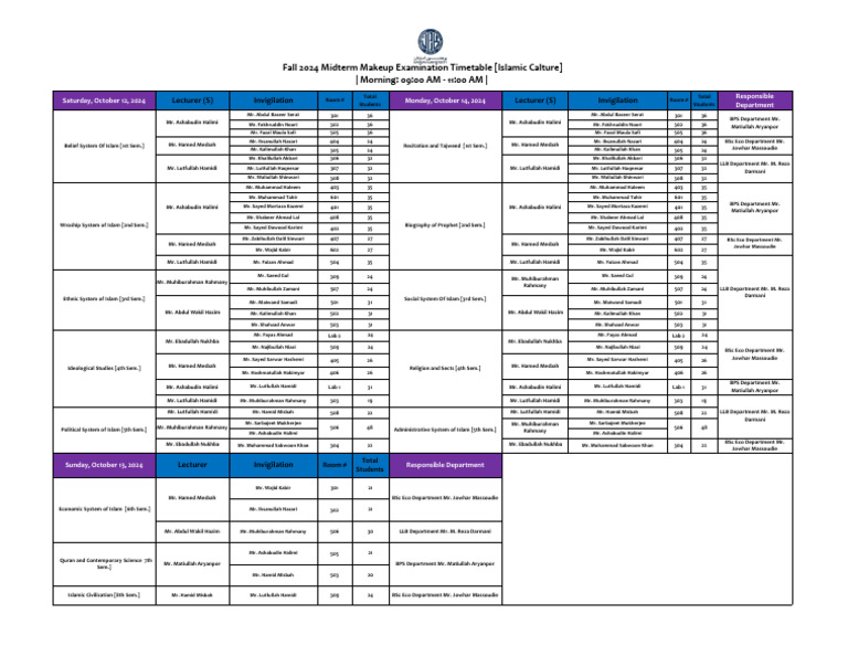 Fall 2024 Exam Invigilation Schedule | PDF | Religious Faiths | Monotheistic Religions