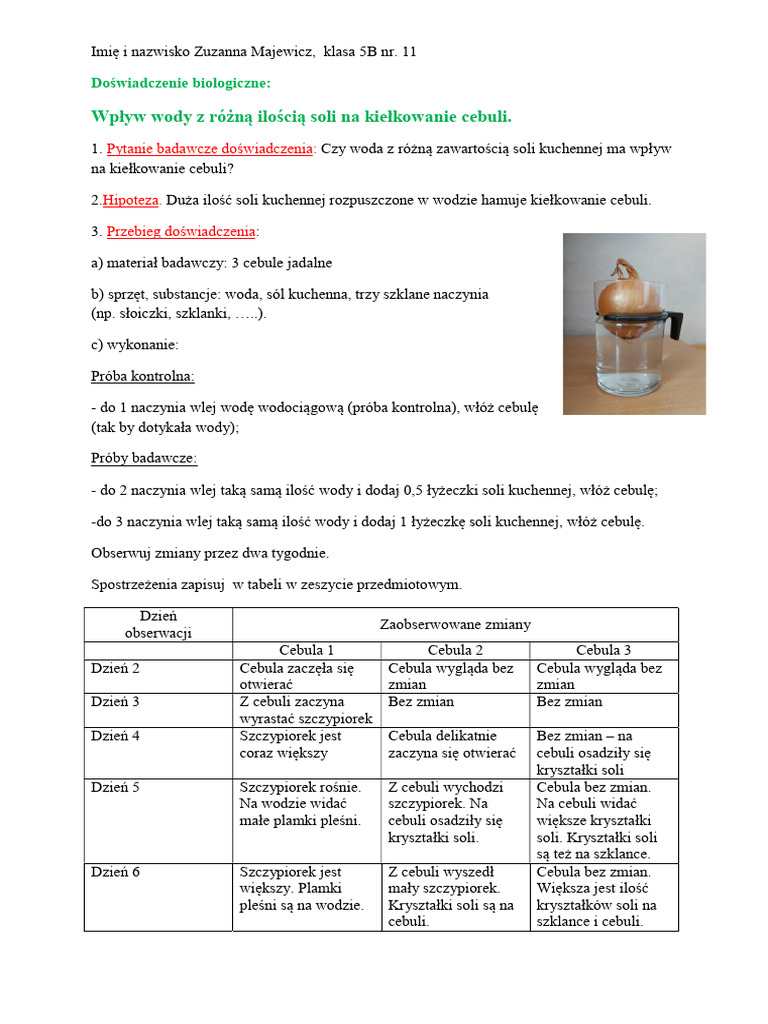 Doświadczenie Biologiczne - 5B Nr11 | PDF