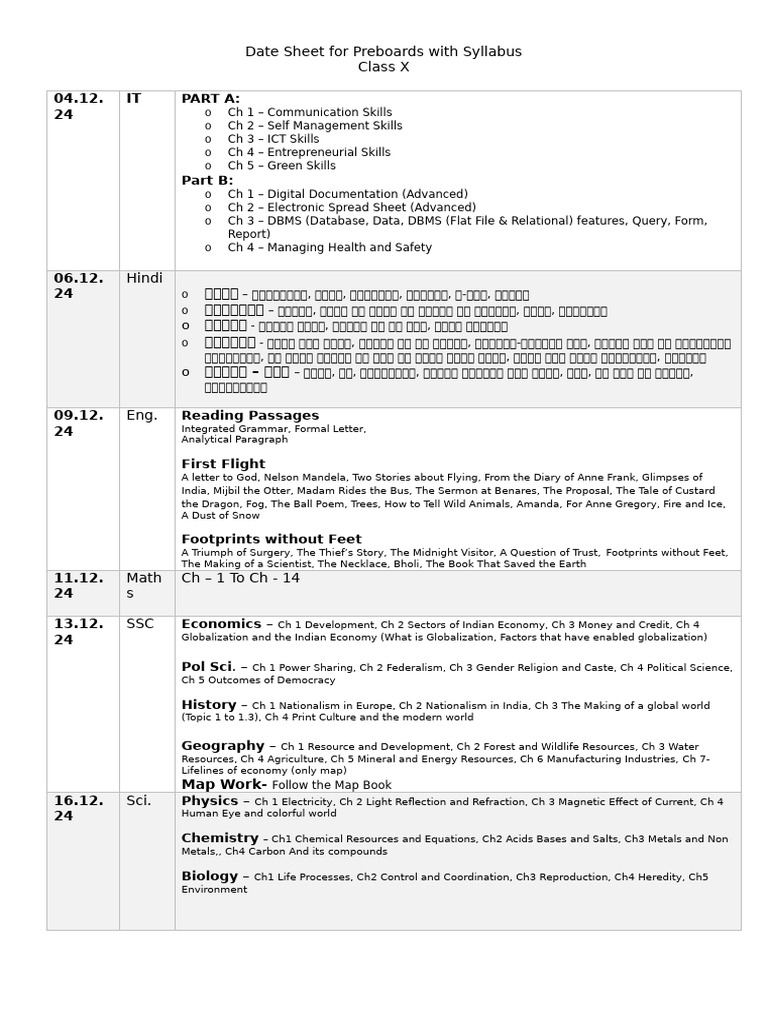 Date Sheet For Preboards With Syllabus | PDF