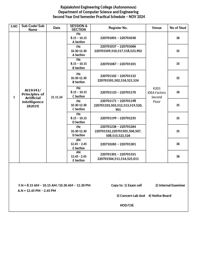 Third Year CSE Practical Schedule Display To Students - NOV 2024 | PDF ...