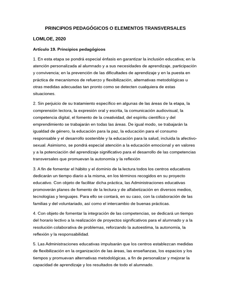 PRINCIPIOS PEDAGÓGICOS O ELEMENTOS TRANSVERSALES EP | PDF | Aprendizaje | Educación primaria