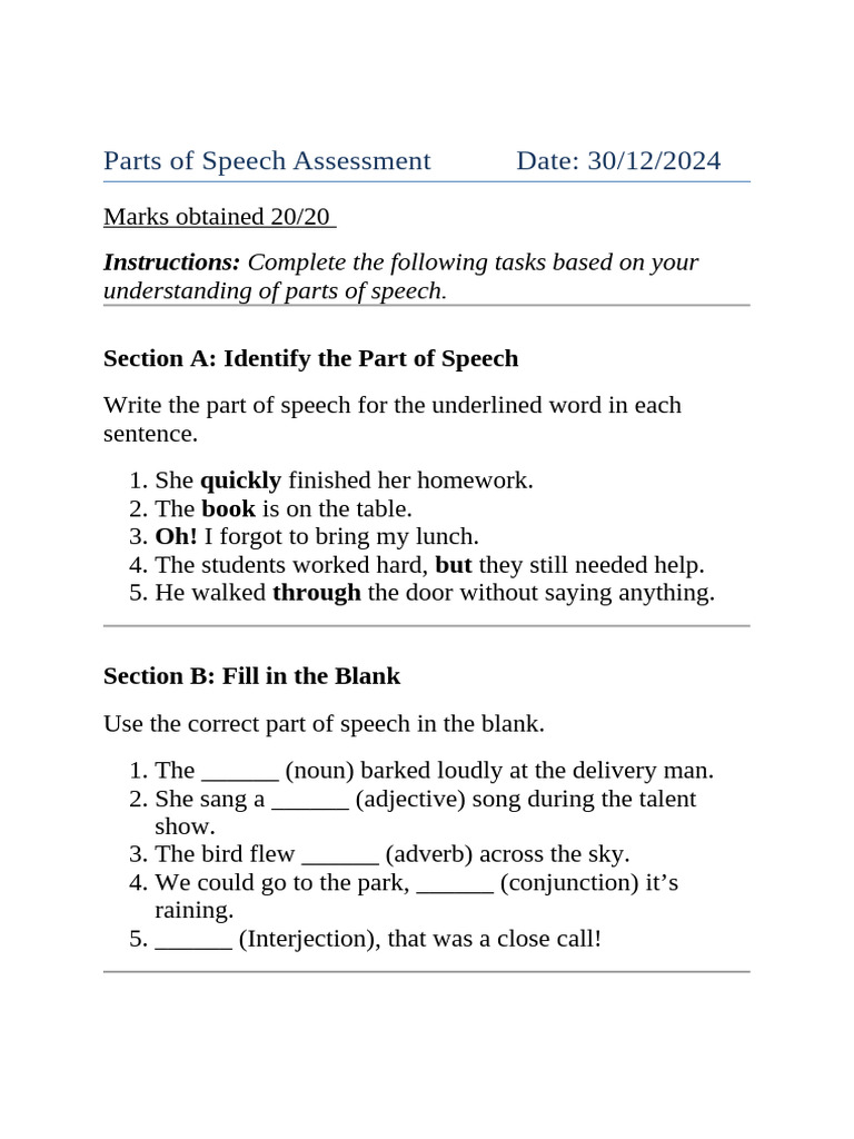 Parts of Speech Assessment Result | PDF