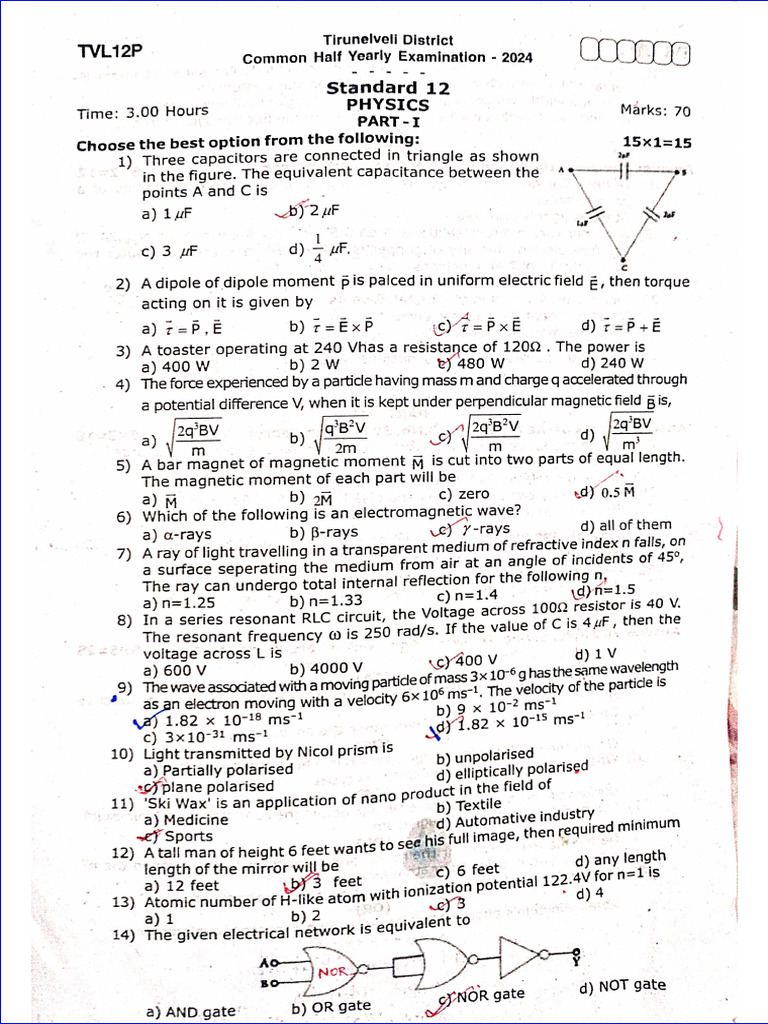 12th Physics EM Half Yearly Exam 2024 Question Paper With Answer Keys Thirunelveli District ...