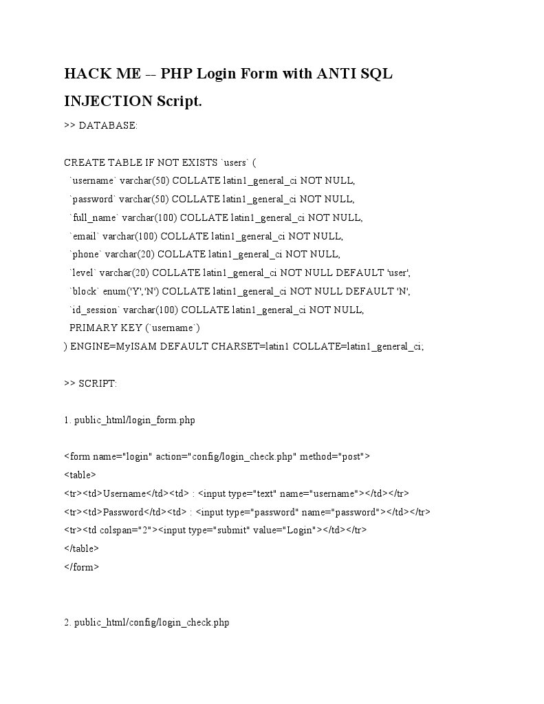PHP Login Form With Anti SQL Injection Script | PDF | Secure ...