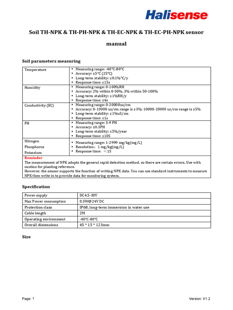 Soil TH-NPK & TH-PH-NPK & TH-EC-NPK & TH-EC-PH-NPK Manual - V1.0 | PDF ...