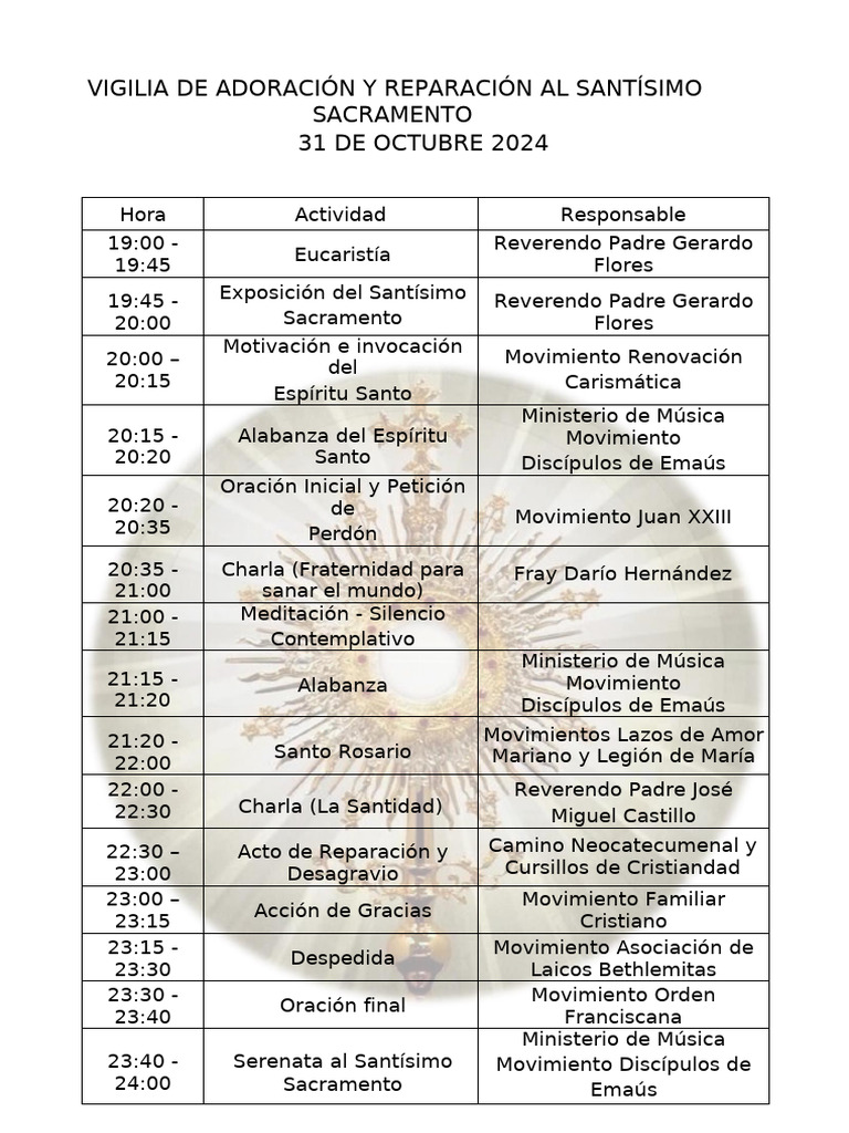 Cronograma Vigilia de Adoración y Reparación Al Santísimo Sacramento | PDF