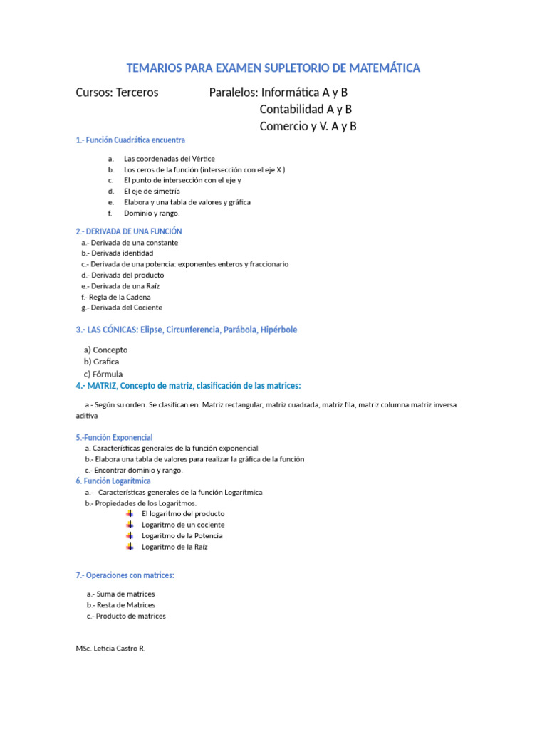 Temarios para Examen Supletorio de Matemática | PDF