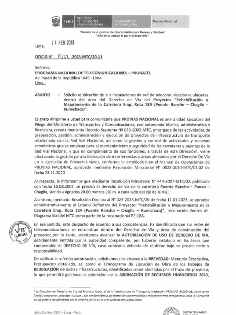 OFICIO N°1522-2023-MTC - 20.11 de Fecha 24.02.2023 | PDF