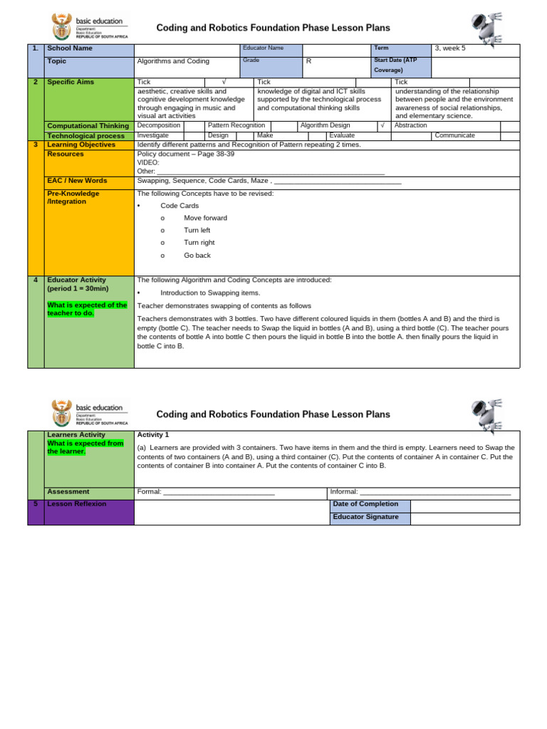 Grade R Term 3 LP 2 Coding | PDF | Learning | Lesson Plan