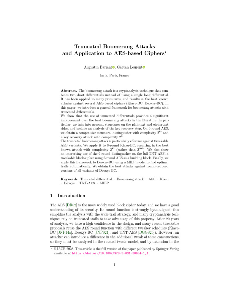 2022-701 Truncated Boomerang Attacks on AES-based Ciphers | PDF ...