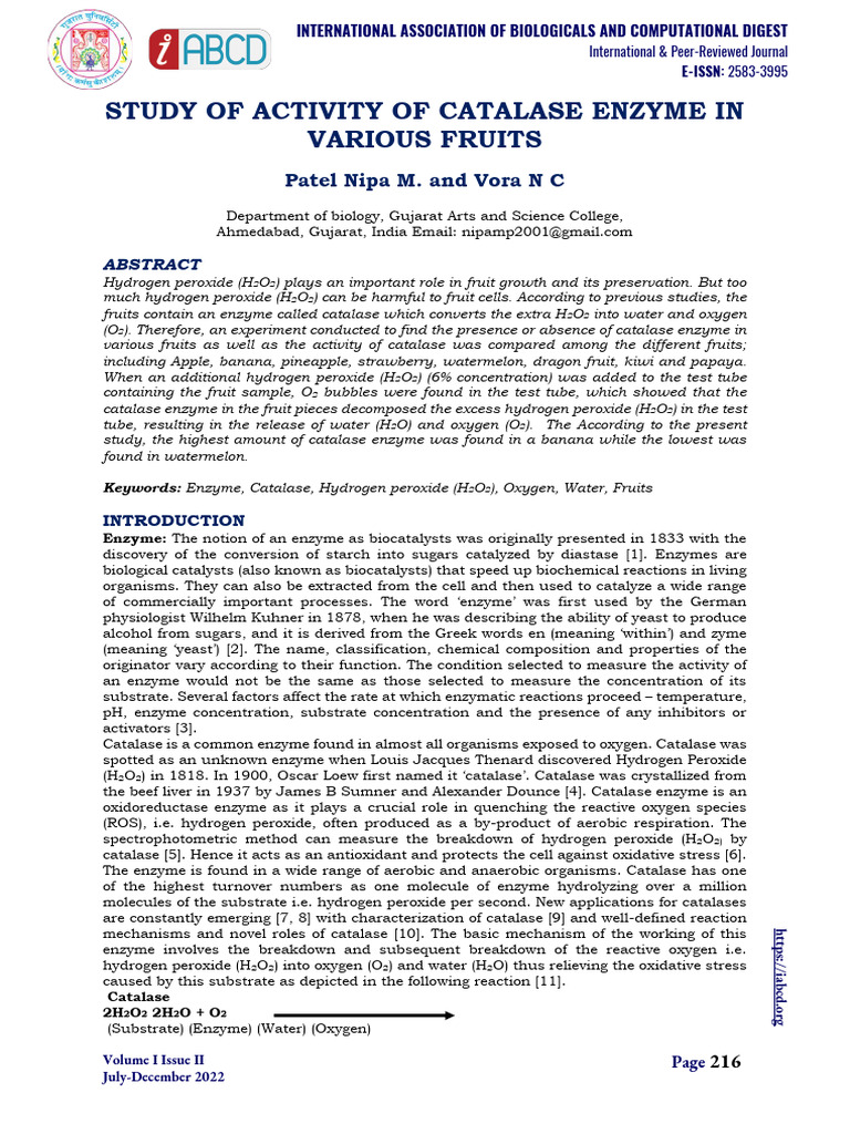 Catalase Activity in Various Fruits | PDF | Catalase | Hydrogen Peroxide