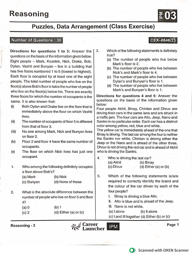 Ipm Reasoning #03 Puzzles, Data Arrangements | PDF