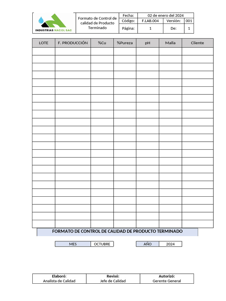 F.lab.004 - Formato de Control de Calidad de Producto Terminado | PDF