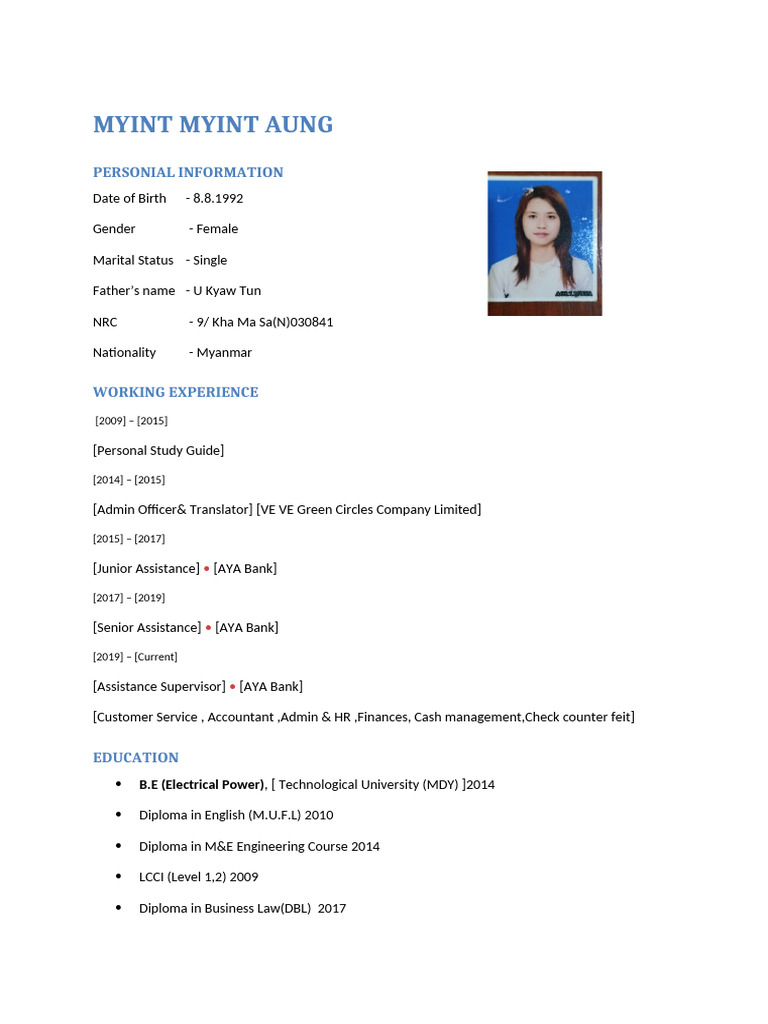 Personal Profile of Myint Myint Aung | PDF