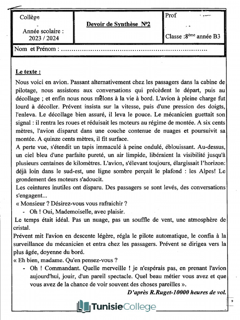 Devoir de Synthese - N2 - Francais - 8eme (2023-2024) | PDF