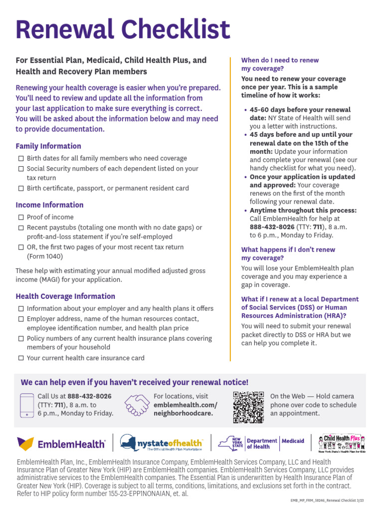 Renewal Checklist Newyorkstateofhealth | PDF