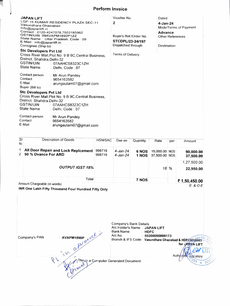 Service Lift Performa Invoice | PDF | Payments