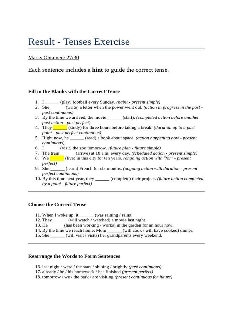 Tenses Assessment Result | PDF | Linguistics | Grammar