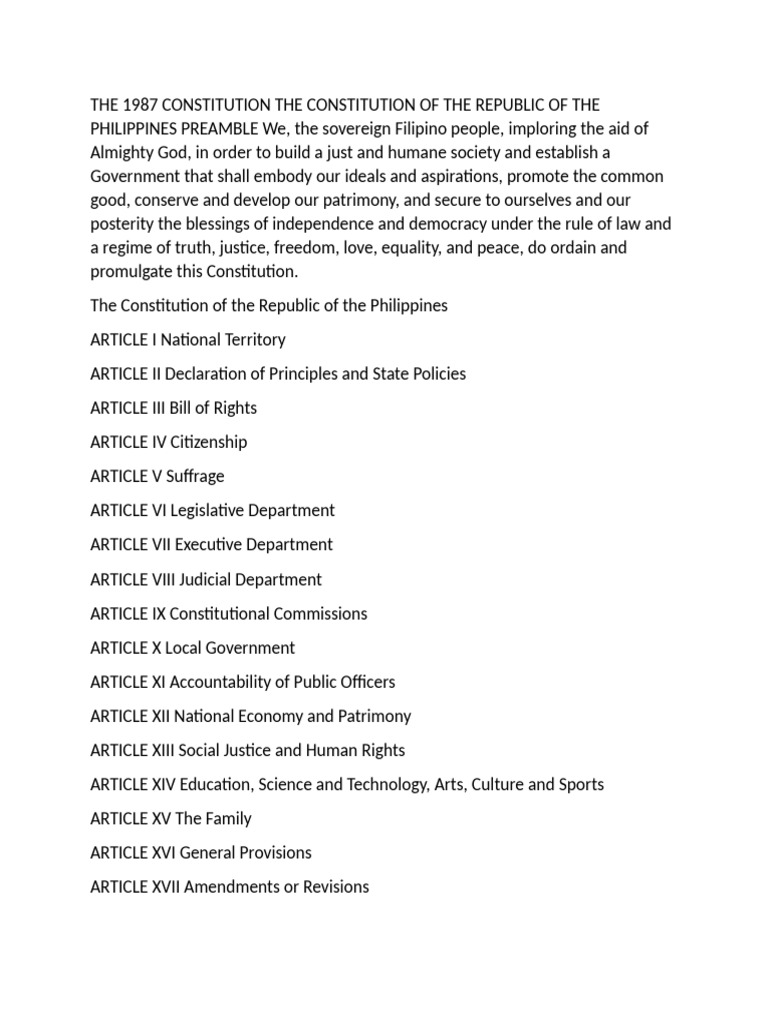 The 1987 Constitution The Constitution of The Republic of The Philippines Preamble We | PDF