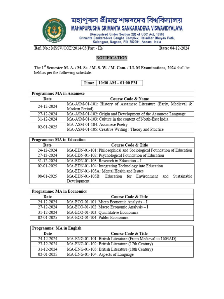 662 1st Semester MA MSC MSW December 2024 | PDF | Mathematics | Sociology