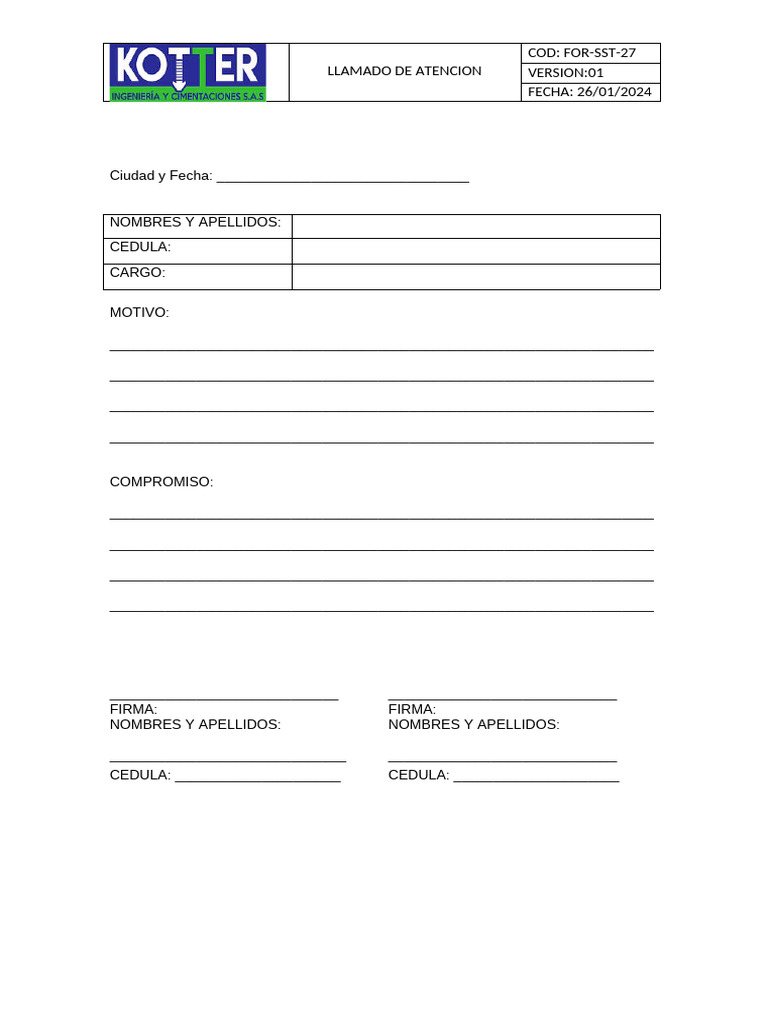 For-Sst-27 Formato Llamado de Atencion | PDF