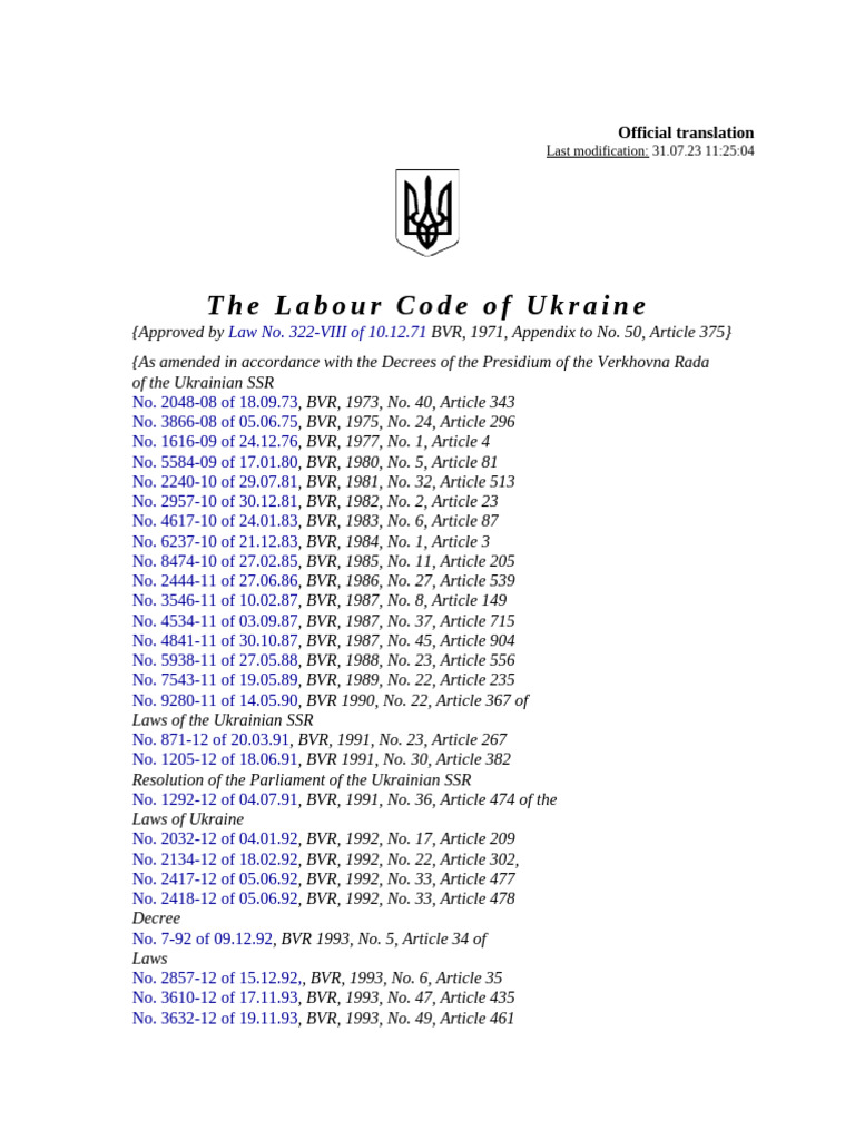 Ukrainian Labor Law 우크라이나 노동법 영문본 (2023.07.30 일부개정) | PDF | Employment ...