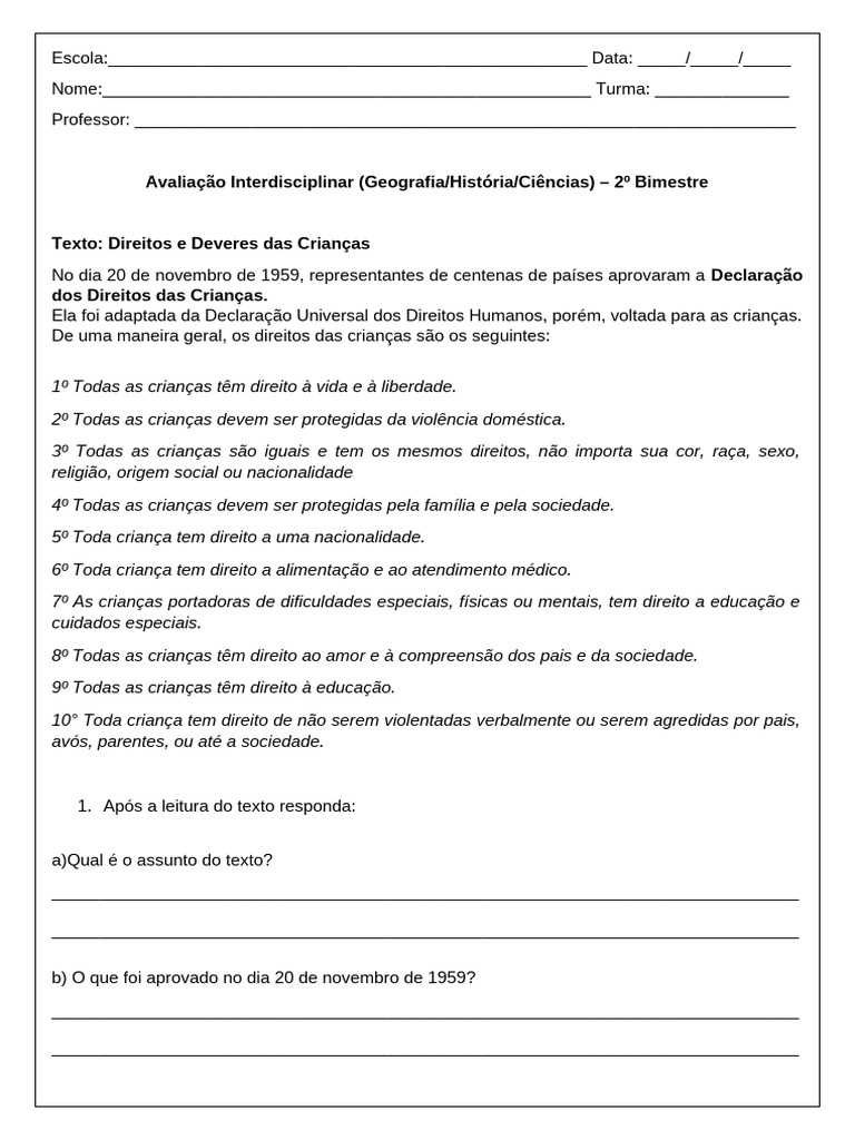 AVALIAÇÃO DE GEOGRAFIA - HISTÓRIA - CIÊNCIAS | PDF | Família