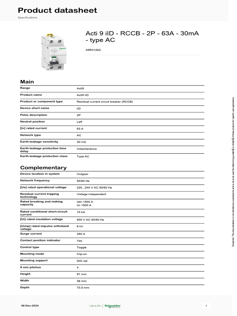 Acti 9 iID RCCB 2P 63A 30mA Specifications | PDF | Alternating Current ...