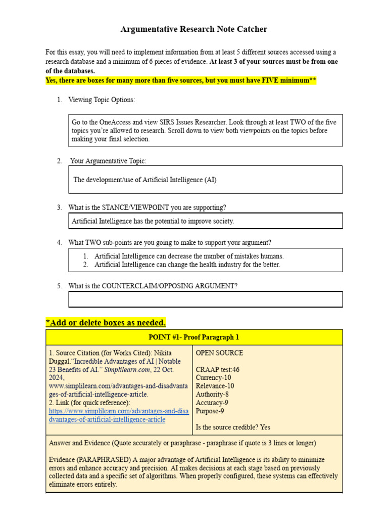 2024 Argumentative Essay Note Catcher | PDF | Artificial Intelligence ...