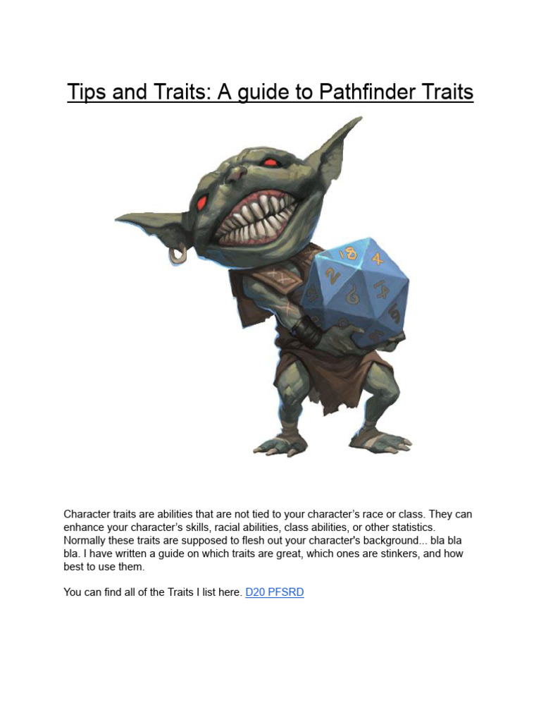 Tips and Traits A Guide To Pathfinder Traits | PDF