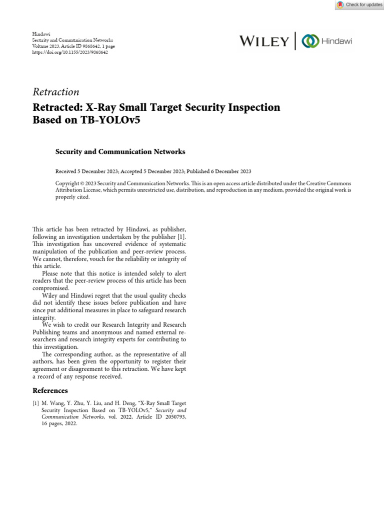 Security and Communication Networks - 2022 - Wang - Retracted X Ray Small Target Security ...