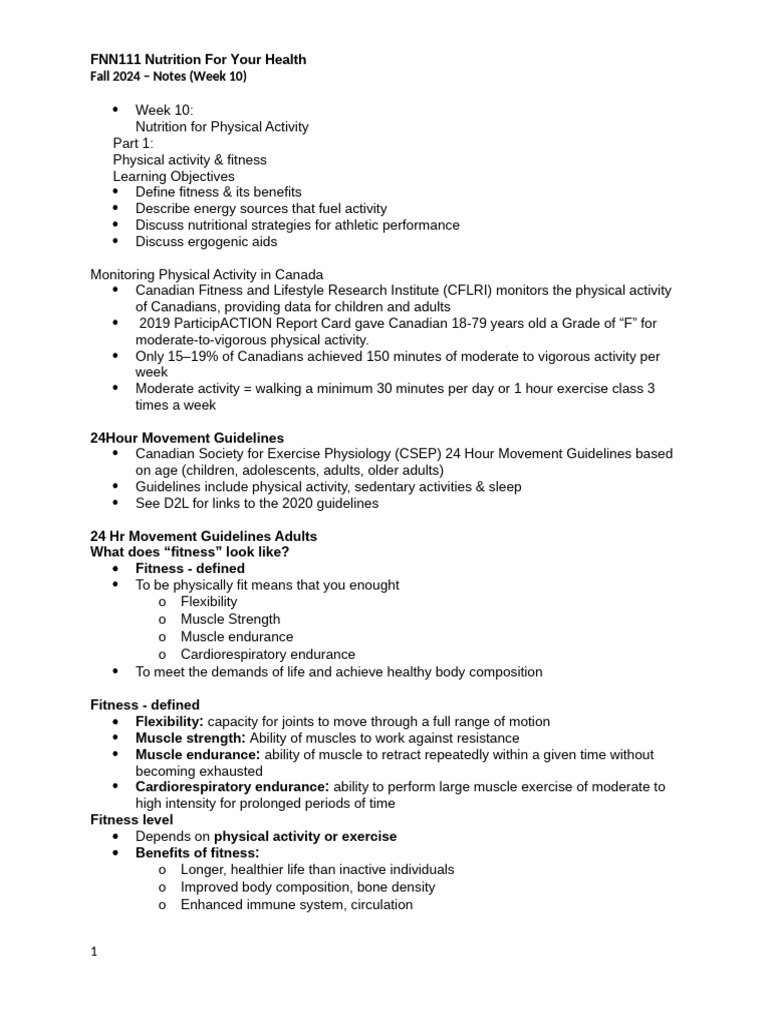 Fall 24 Week 10 Notes Handouts | PDF | Glycogen | Physical Fitness