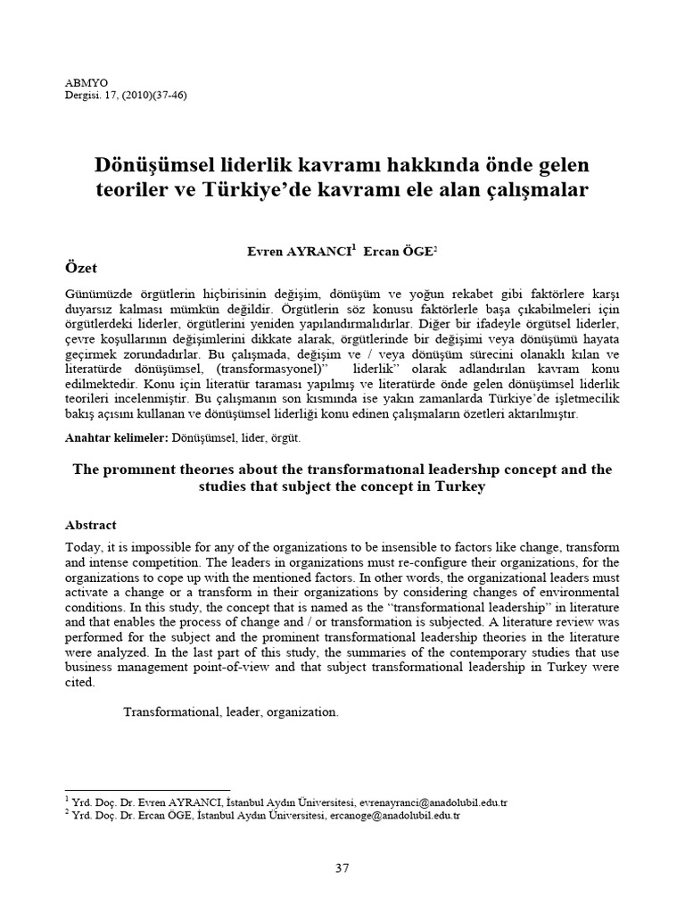 Dönü Ümsel Liderlik Kavram Hakk Nda Önde Gelen Teoriler Ve Türkiye'de ...