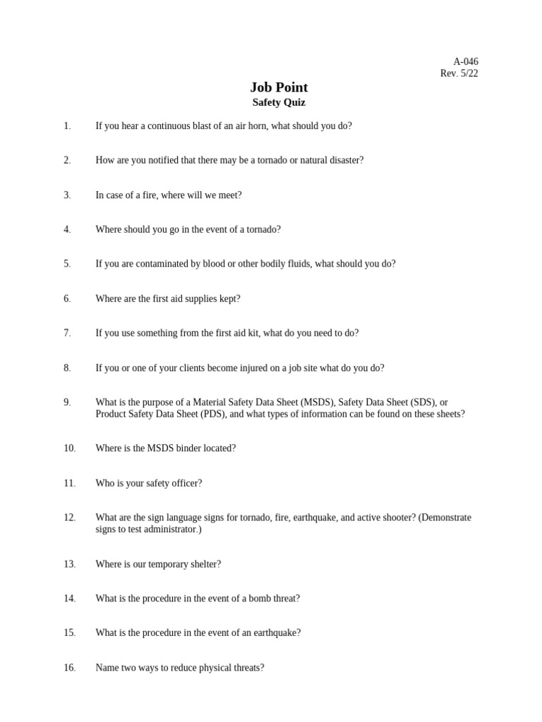 A-046 Safety Quiz - May 2022 | PDF | Safety | Occupational Safety And ...