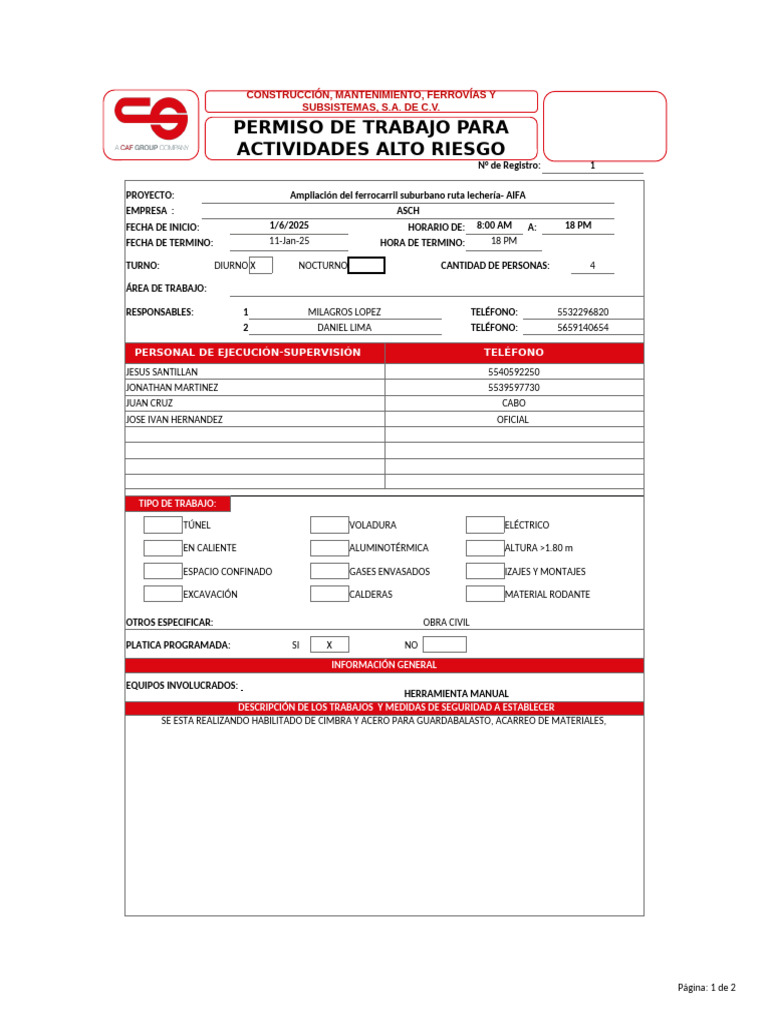1. FORMATO Permiso de Trabajo Alto Riesgo_CMFS 002 | PDF