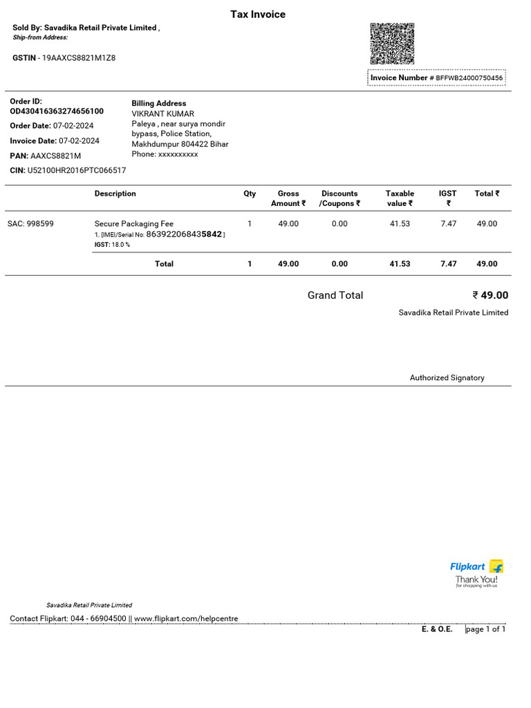 Invoice OD430416363274656100 | PDF