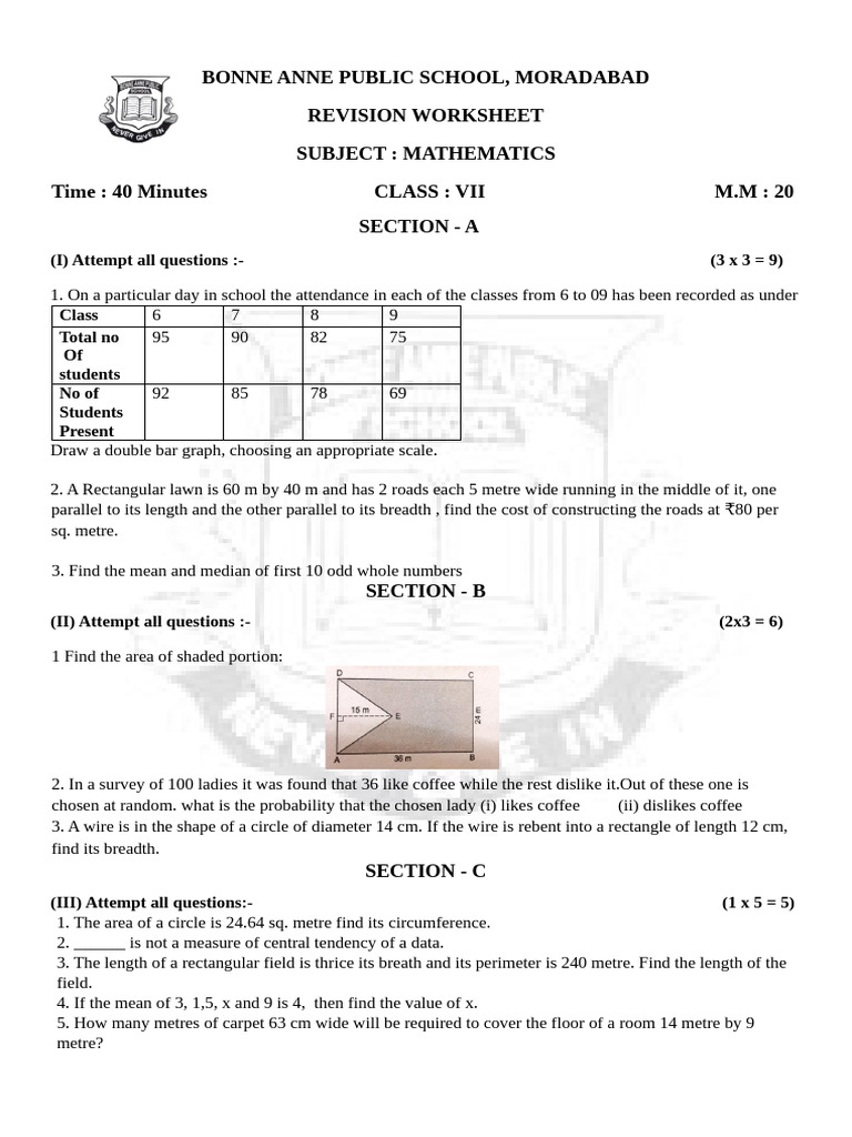 Maths Revision worksheet class 7 | PDF