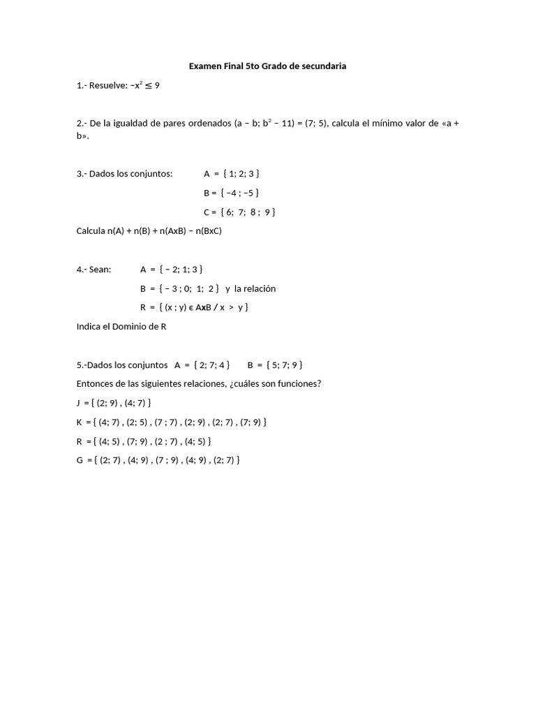 Examen Final de Algebra de 1ro A 5to | PDF