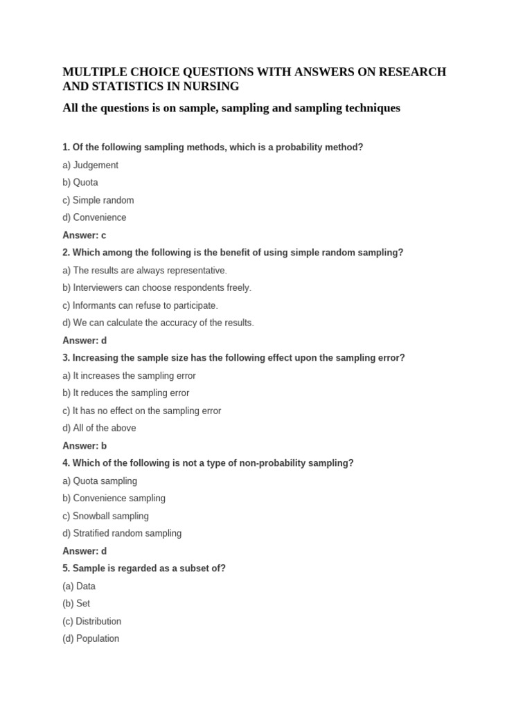 Multiple Choice Questions With Answers On Research and Statistics in Nursing-1 | PDF | Sampling ...