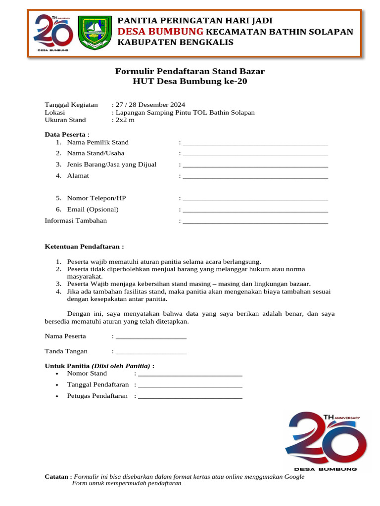 Formulir Pendaftaran Stand Bazar | PDF