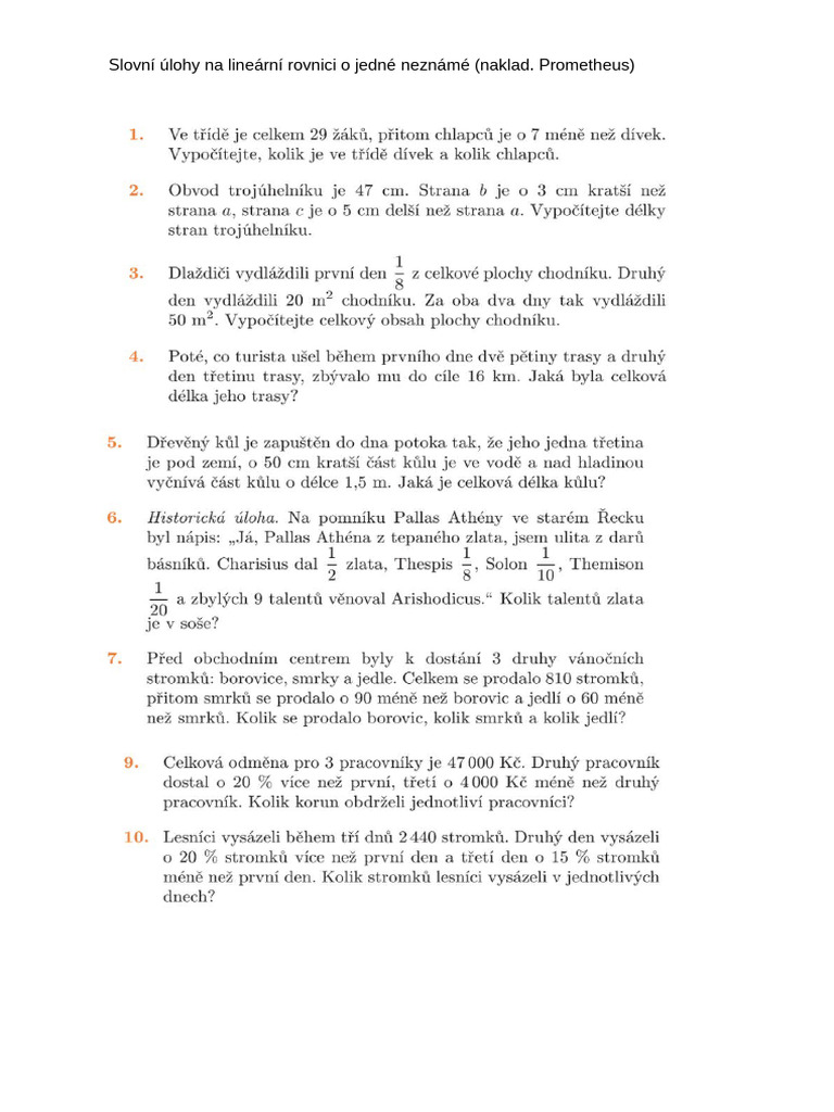 Slovní úlohy_lineární_rovnice_1neznámá 1 | PDF